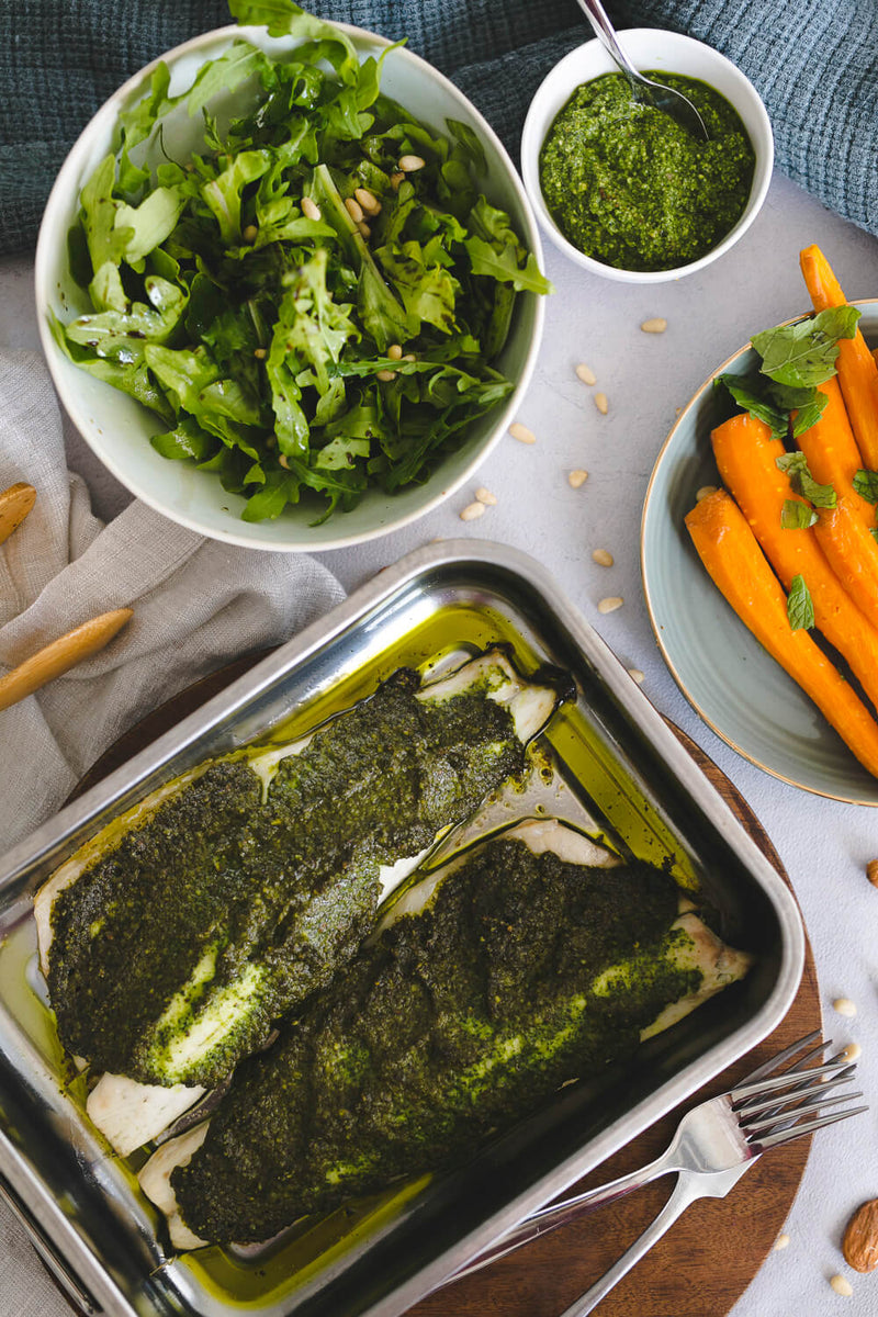 ᐅ Fisch in Pesto Kruste und süße Karotten: Knusprig und aromatisch ...